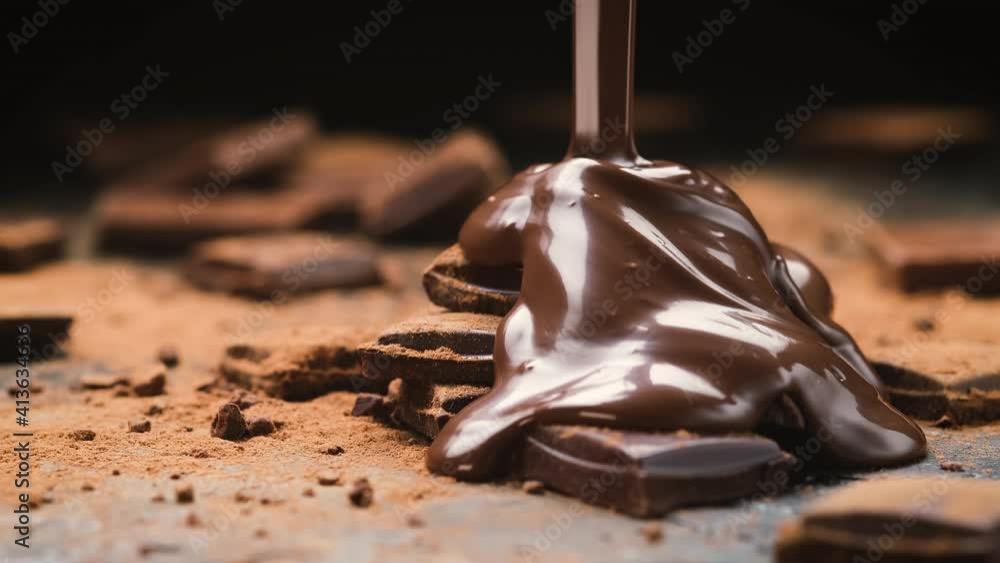 Chocolate pouring on chocolate bars on black slate background with ...