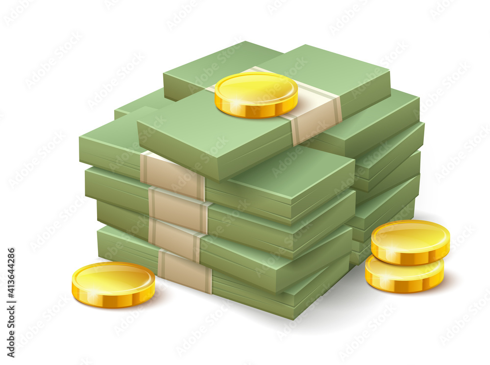 Paper money bundle and gold coins. Simple cartoon icon. Stock isolated ...