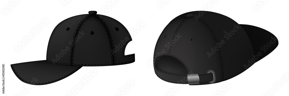 Design template, vector realistic black baseball cap front, back and ...