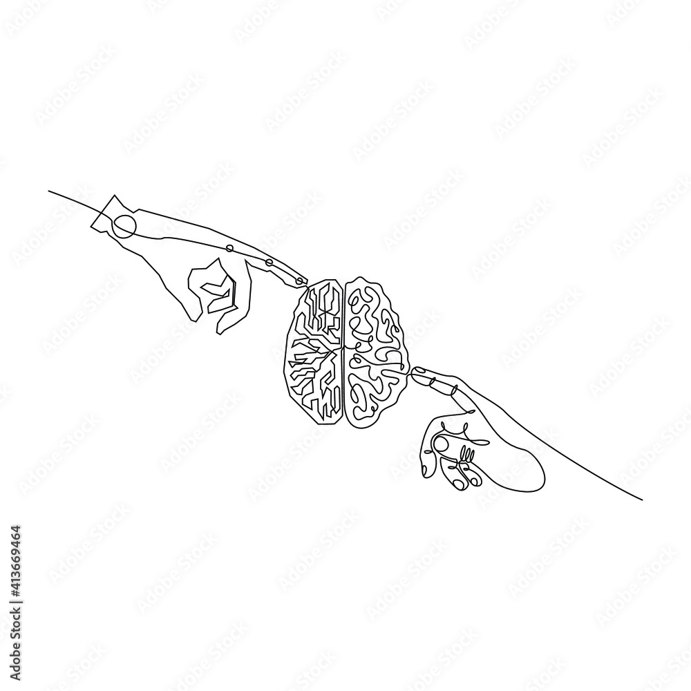 continuous line drawing hand pointing digital brain as future concept ...
