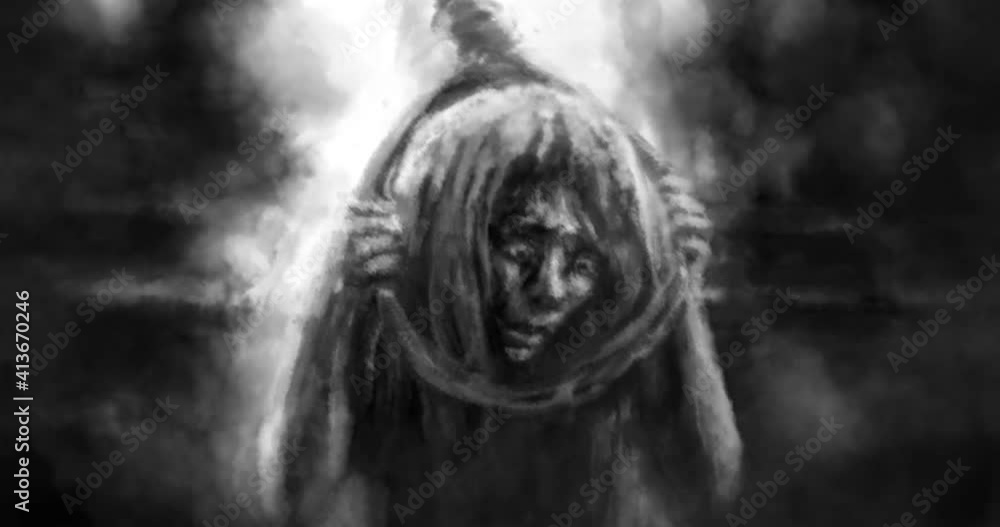 Scary 2D animation. Sad girl sits on bed. She gets up in dark room and ...