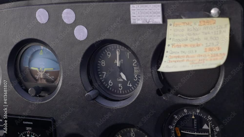 Close up shot showing cockpit with Altimeter of Cessna 172 airplane ...