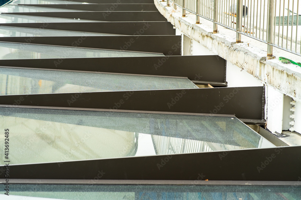 High-tech architecture glass roof. External structure of glass roof in ...