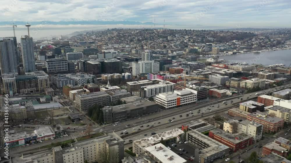 Sunrise aerial trucking footage of Cascade, Denny Triangle, Westlake ...