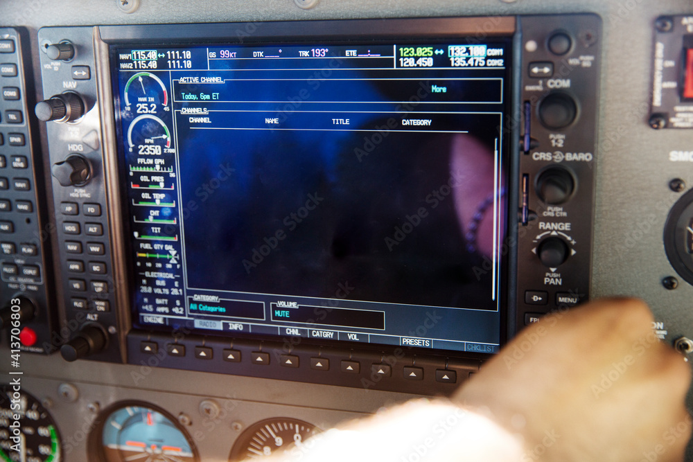 Cropped image of pilot using control panel in airplane cockpit Stock ...