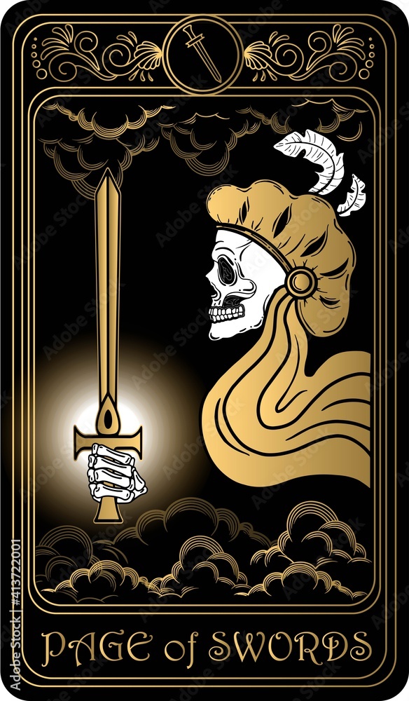 Page of Swords. Card of Minor arcana black and gold tarot cards. Tarot ...