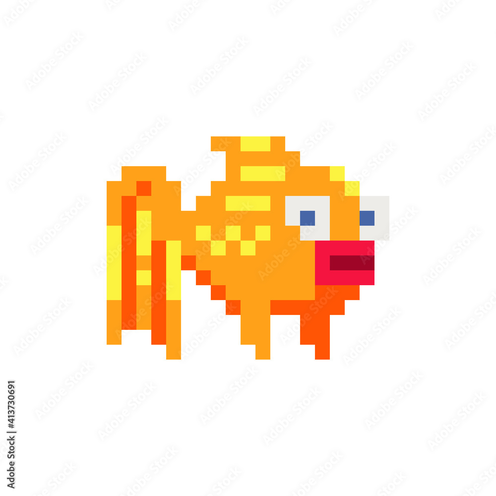 Golden fish cartoon pixel art icon. Video game sprite. Element design ...