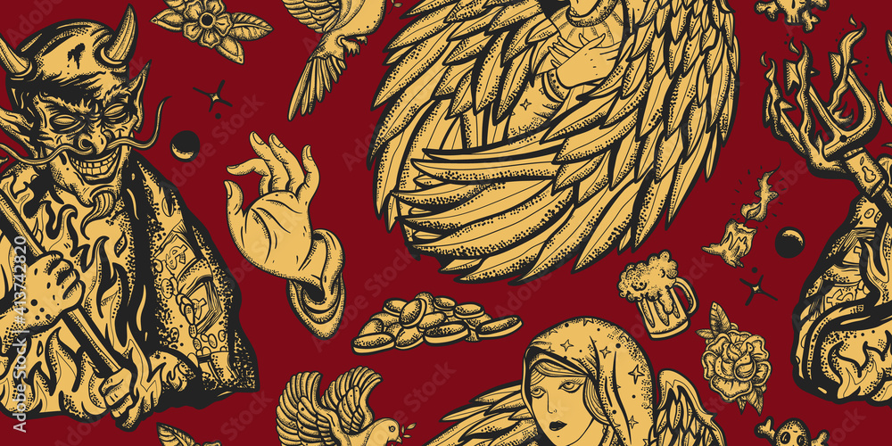 Angel and demon gothic seamless pattern. Sin and holiness. Paradise and ...