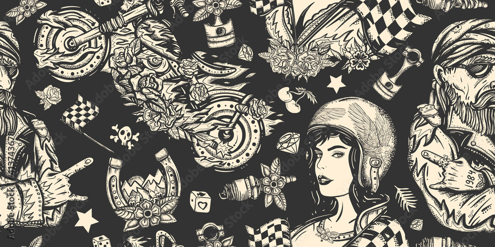 Bikers. Dark seamless pattern. Old school tattoo background. Lifestyle ...