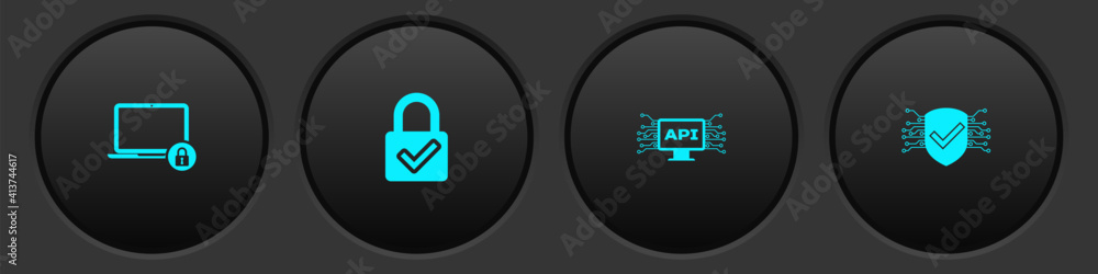 Set Laptop and lock, Lock check mark, Computer api interface and Cyber ...