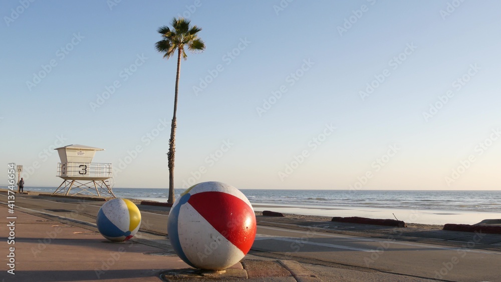 Pacific ocean beach, Oceanside California USA. Ball, lifeguard tower ...