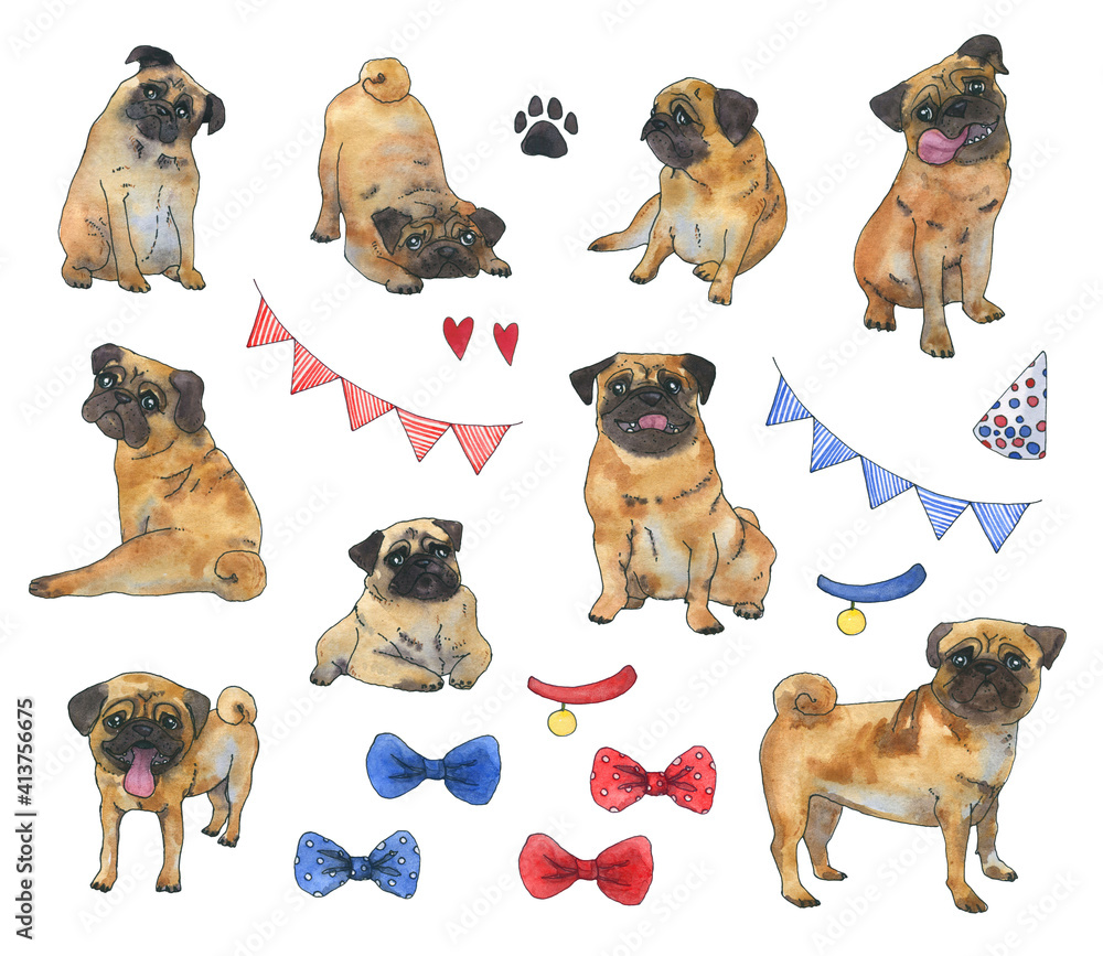 pug clip art watercolor clipart birthday party digital clipart dog ...