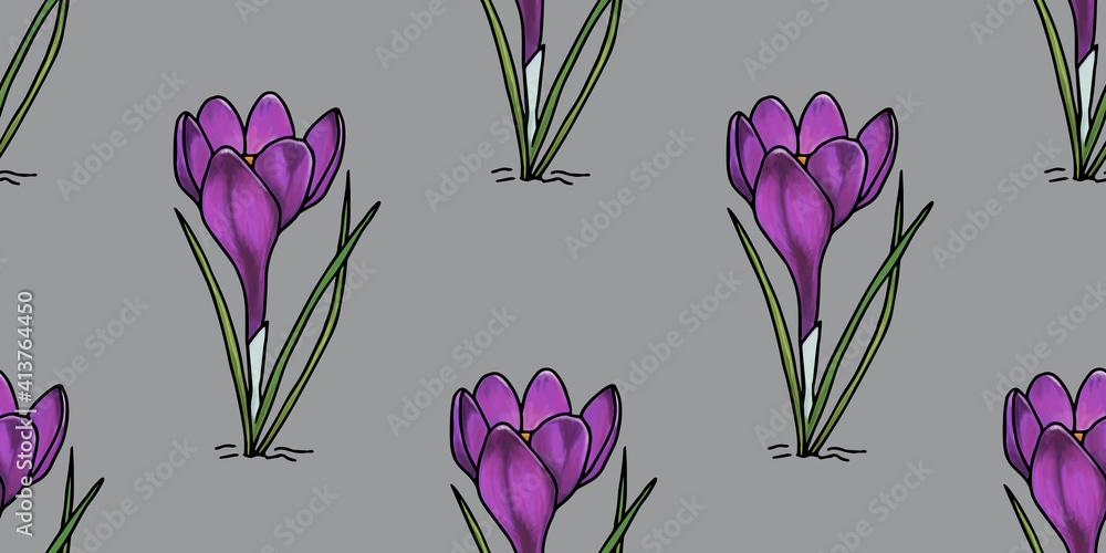 Seamless pattern with crocus illustration on ultimate grey background ...