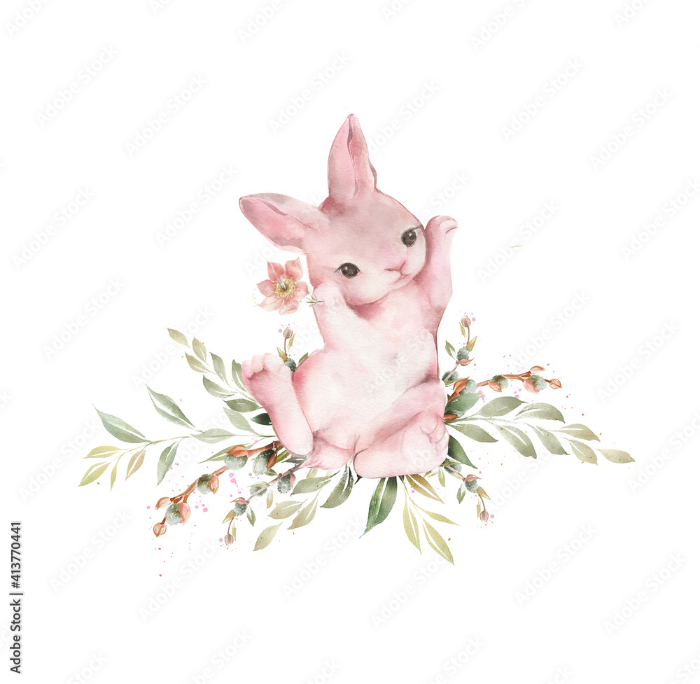 Little cartoon bunny in the garden surrounded by spring flowers and ...