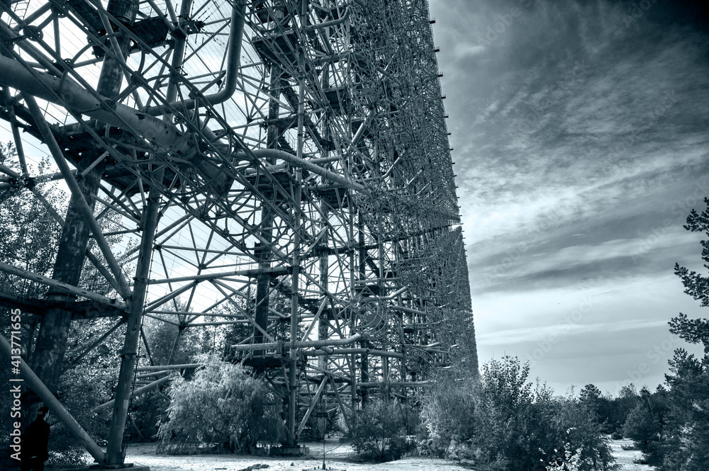 huge abandoned rusty antenna from Soviet Union time in black and white ...