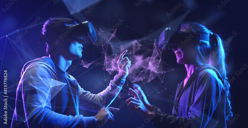 Teenager having fun play VR virtual reality glasses sport game ...