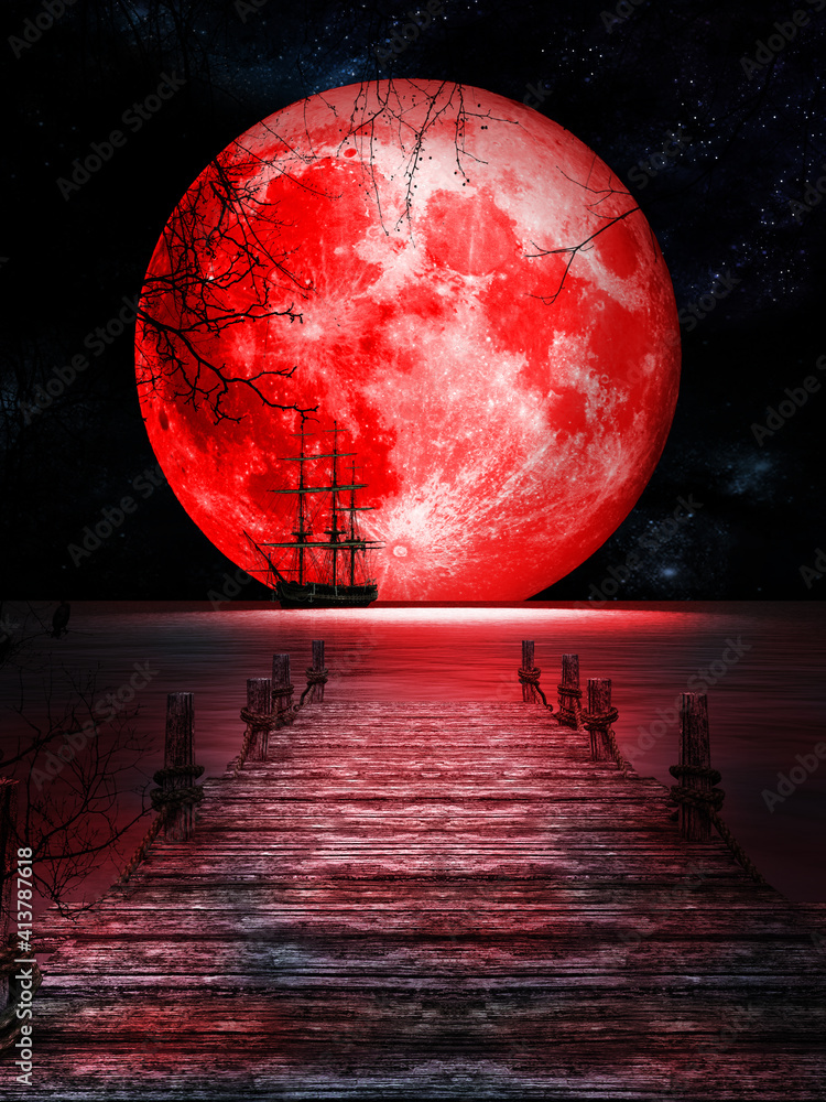 Red moon and ship Stock Illustration | Adobe Stock
