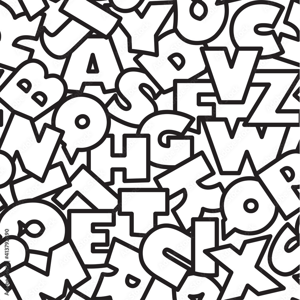 Outline alphabet letters on white background seamless pattern. Black ...