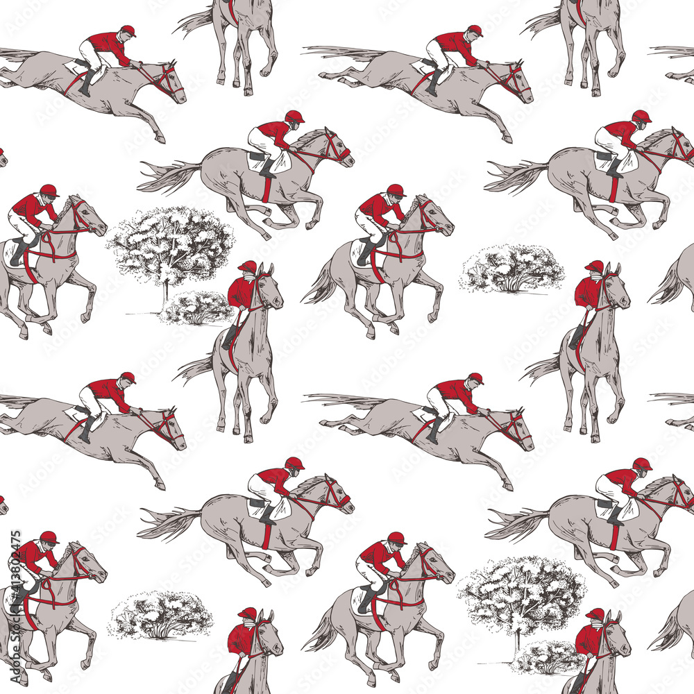 Seamless wallpaper pattern. The running beautiful horses, riders and ...