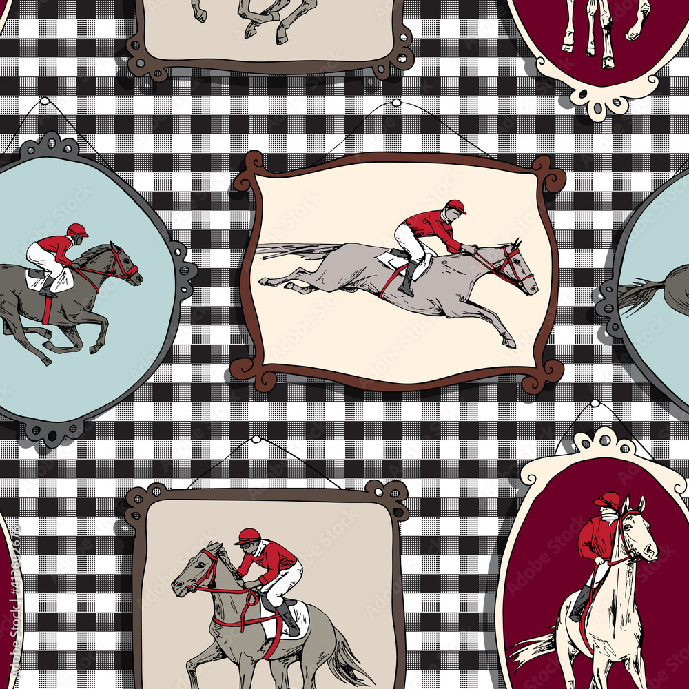 Seamless wallpaper pattern. The running beautiful horse and rider ...