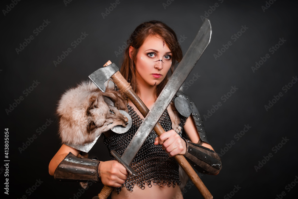 Barbarian Woman Warrior In Chainmail Armor With Bracers Armor Shoulder