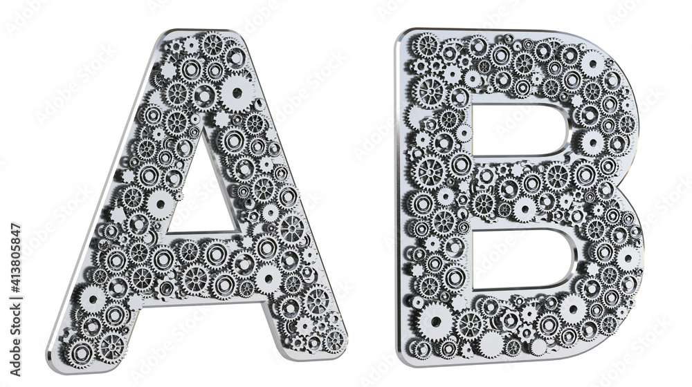 Gear alphabet made from realistic metal isolated on white background ...