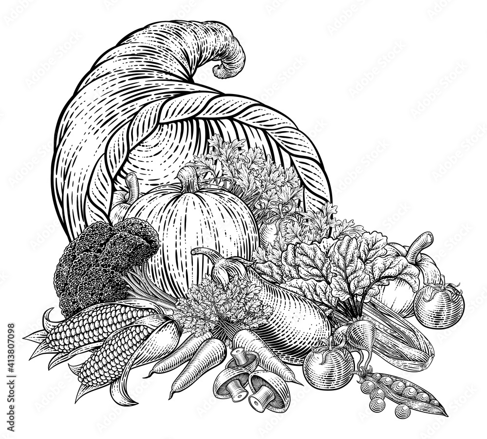 Cornucopia horn of plenty with vegetables and fruit produce ...