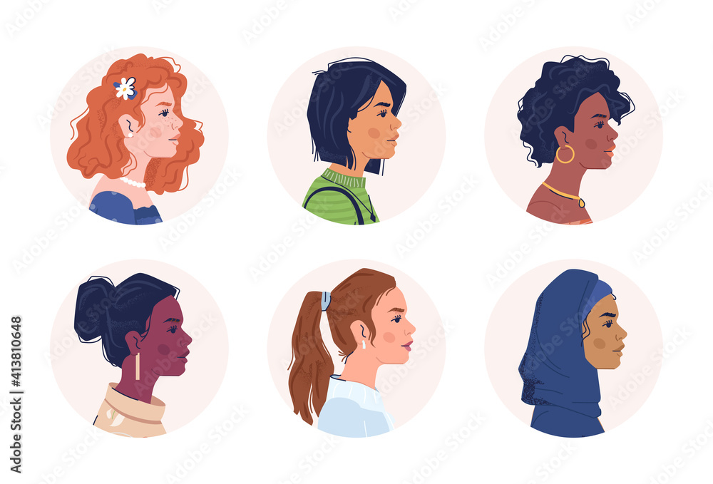 Profile portraits of multiracial women. Multicultural and multiethnic ...