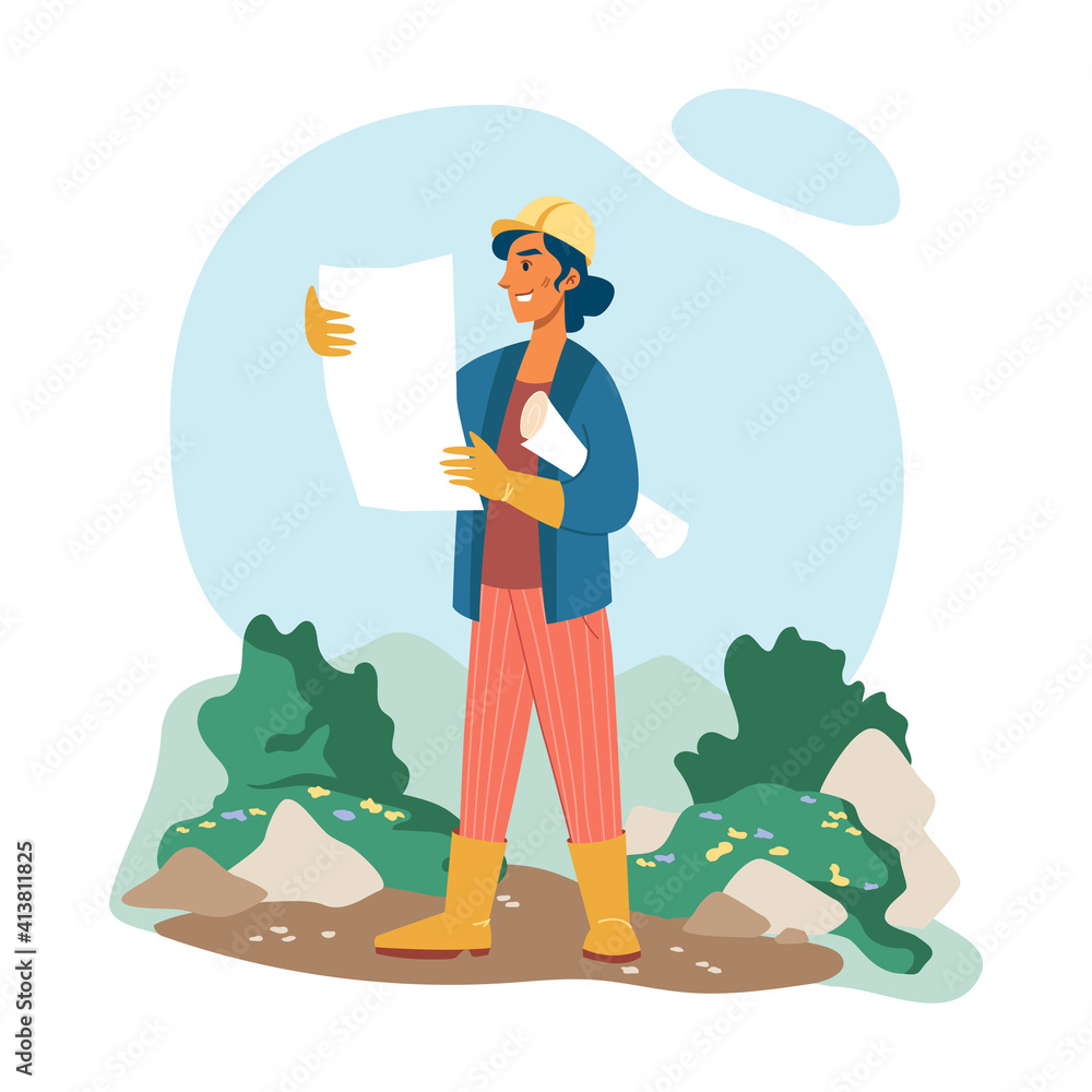 Gardening landscape designer woman in helmet, plan in hands isolated ...