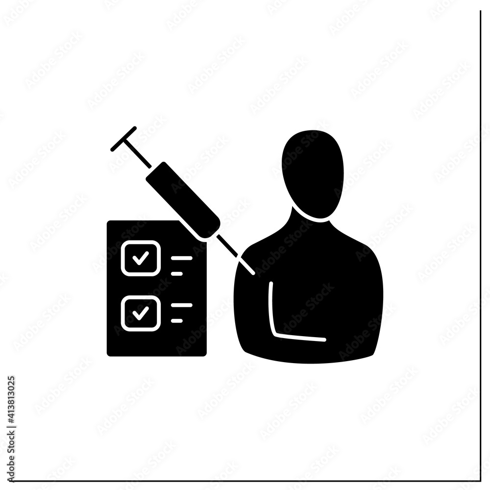 Vaccine test glyph icon.Clinical trial. Vaccine testing volunteer.Cure ...
