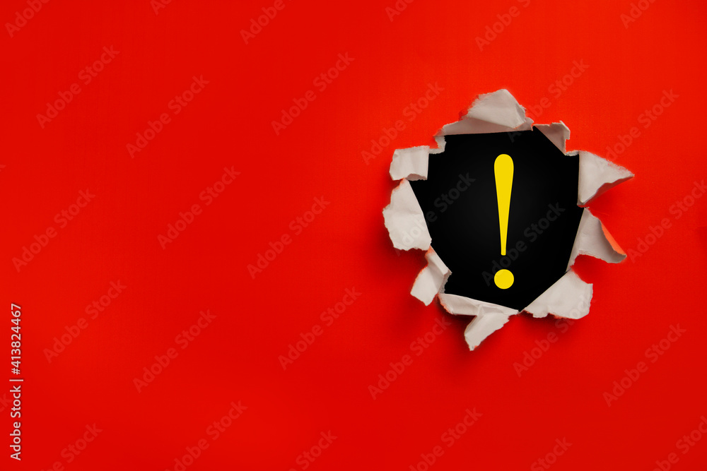 Exclamation mark concept. Torn red paper with exclamation mark on white ...