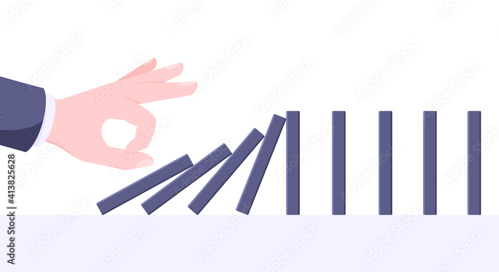 Domino effect business concept. Hand starts chain reaction of falling ...