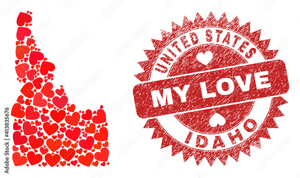 Vector collage Idaho State map of love heart items and grunge My Love ...