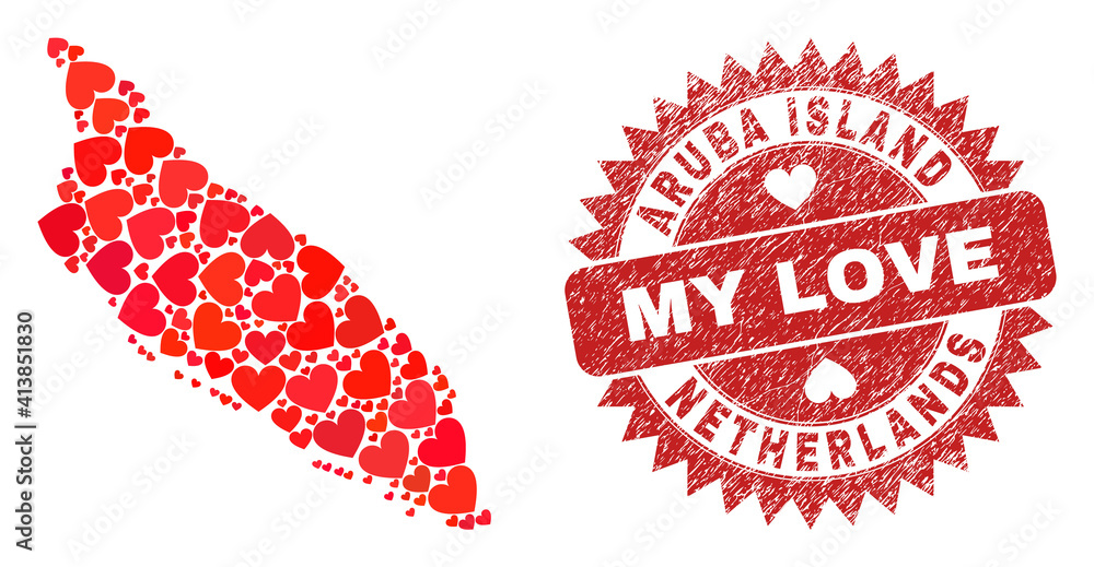 Vector mosaic Aruba Island map of valentine heart elements and grunge ...
