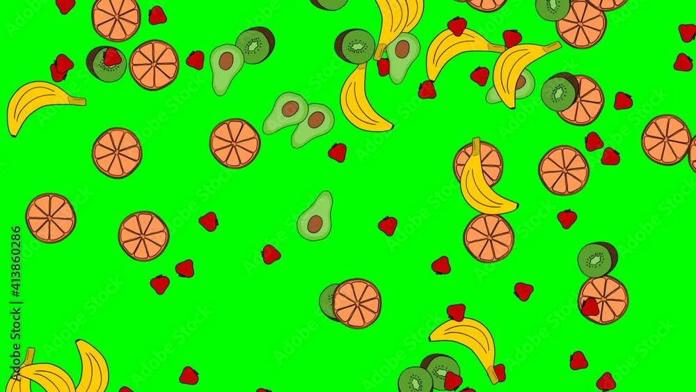 Hand drawn tropical fruit falling down on green screen background. 4K ...