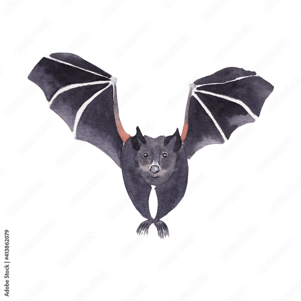 Black bat. Watercolor halloween animal illustration. spooky scary hand ...