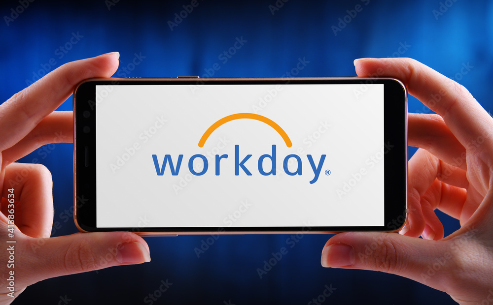 Hands holding smartphone displaying logo of Workday Stock Photo | Adobe ...