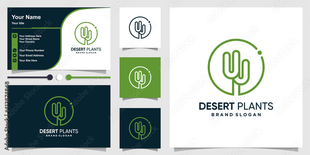 Desert plants logo with creative line art style and business card ...