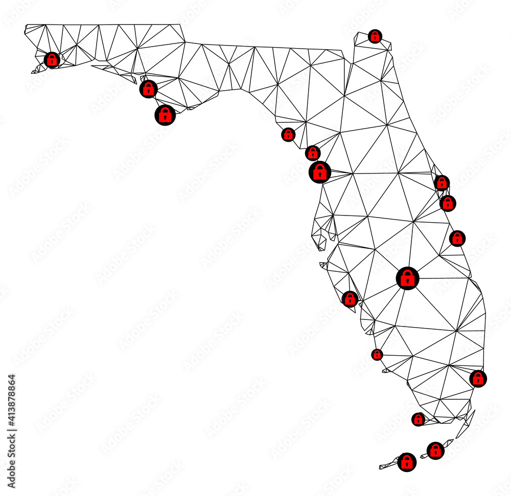 Polygonal mesh lockdown map of Florida State. Abstract mesh lines and ...