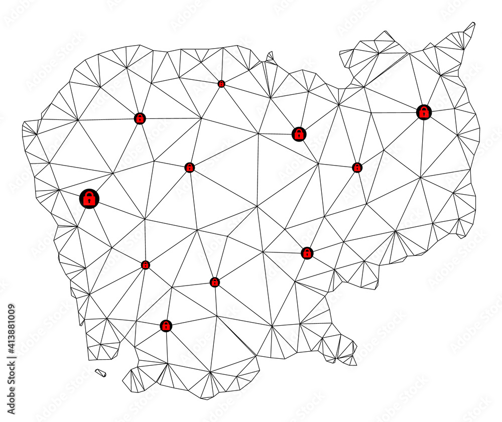 Polygonal mesh lockdown map of Cambodia. Abstract mesh lines and locks ... Polygonal mesh lockdown map of Cambodia. Abstract mesh lines and locks ...