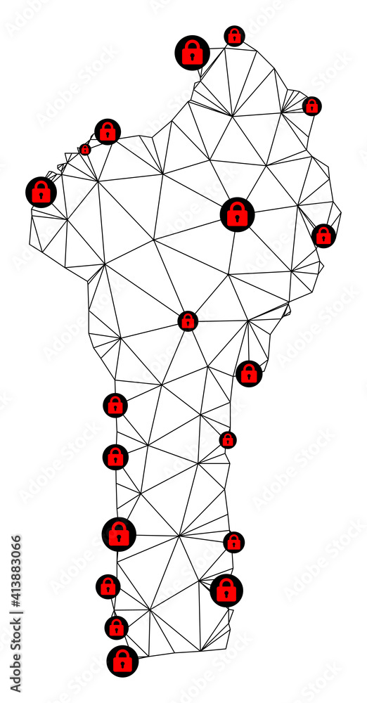Polygonal mesh lockdown map of Benin. Abstract mesh lines and locks ...