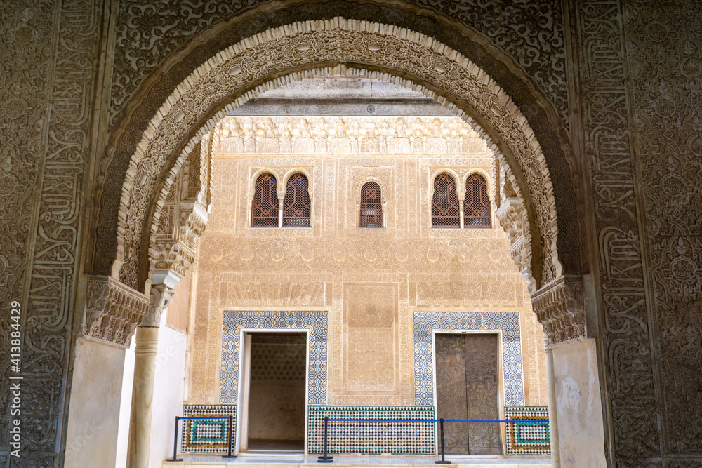 view of detailed and ornate Moorish and Arabic decoration in the arched ...