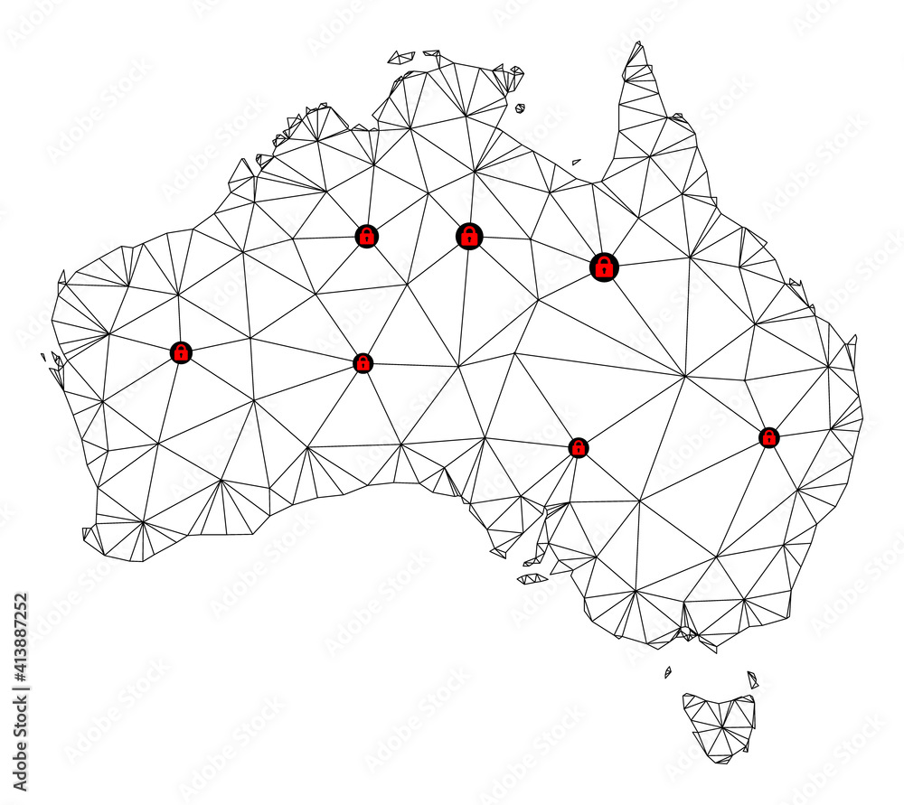 Polygonal mesh lockdown map of Australia. Abstract mesh lines and locks ... Polygonal mesh lockdown map of Australia. Abstract mesh lines and locks ...