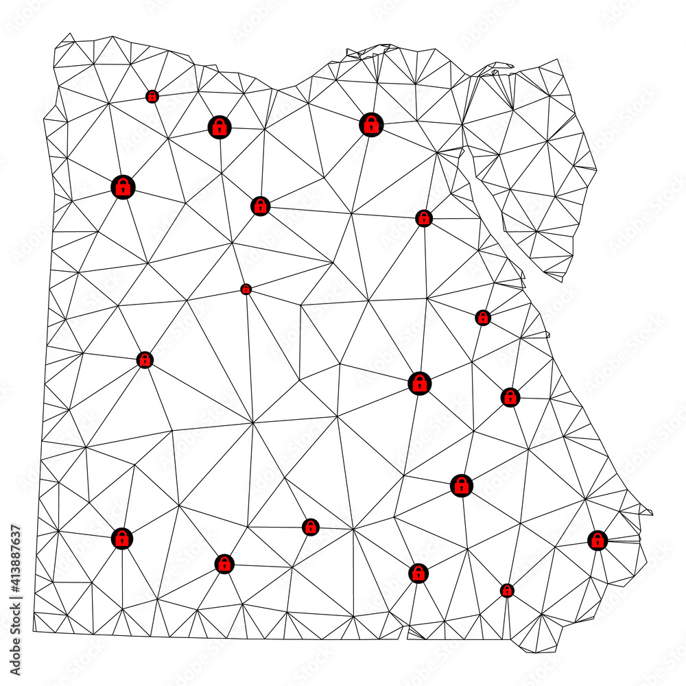 Polygonal mesh lockdown map of Egypt. Abstract mesh lines and locks ... Polygonal mesh lockdown map of Egypt. Abstract mesh lines and locks ...