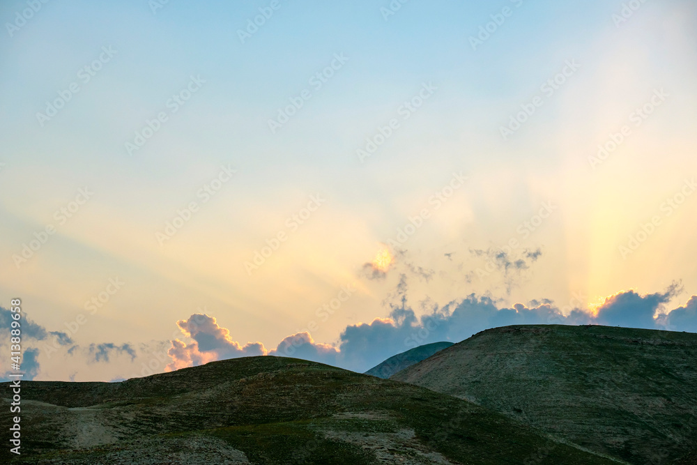 Sunset behind hills in the Judean Desert, Jericho, West Bank, Palestine ...