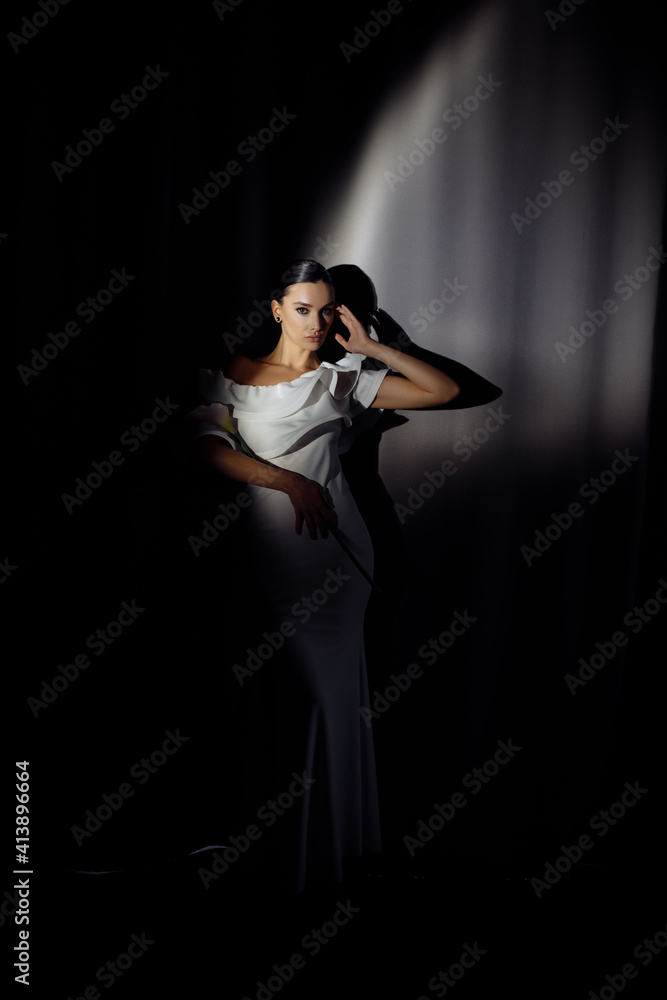 Side profile photo portrait of adorable woman in white dress posing in ...