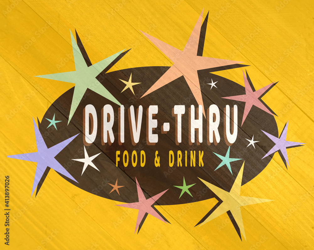 Mid-century modern drive-thru sign on wood grain texture Stock ...