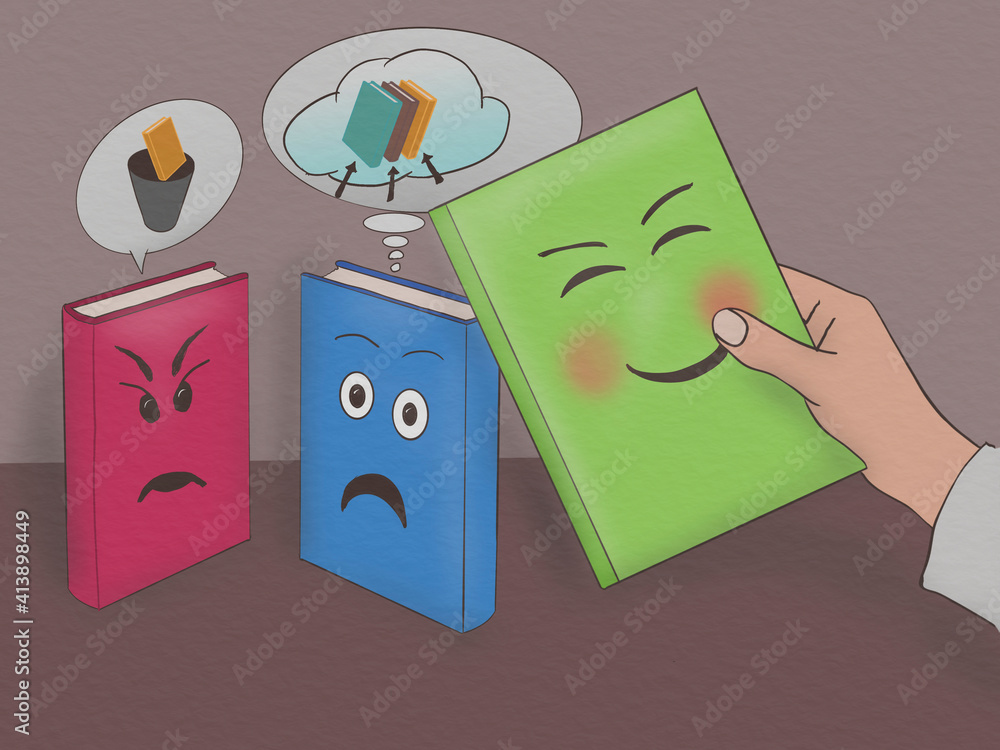 cartoon style drawing of book characters with emotions when digitized ...