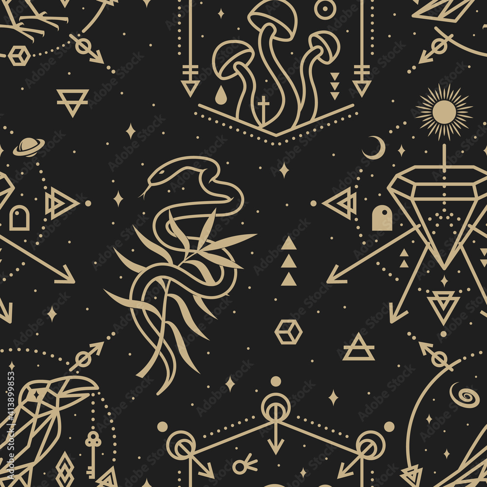Gold esoteric seamless pattern, background. Vector Thin line geometric ...