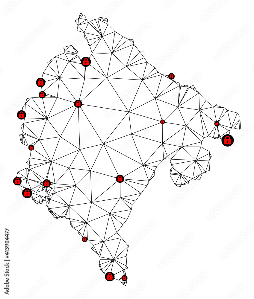 Polygonal mesh lockdown map of Montenegro. Abstract mesh lines and locks form map of Montenegro ...